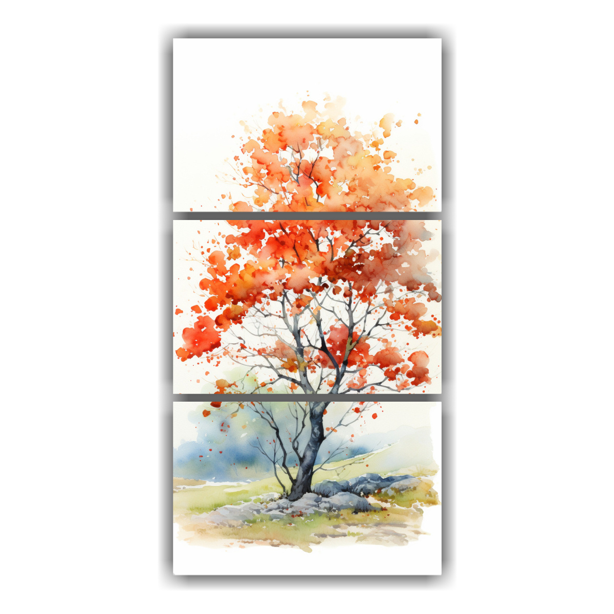 Set 3 Telas Bastidor Diseño Floral Árbol Madroño Rojo Naranja Abstracto - DecoCuadros