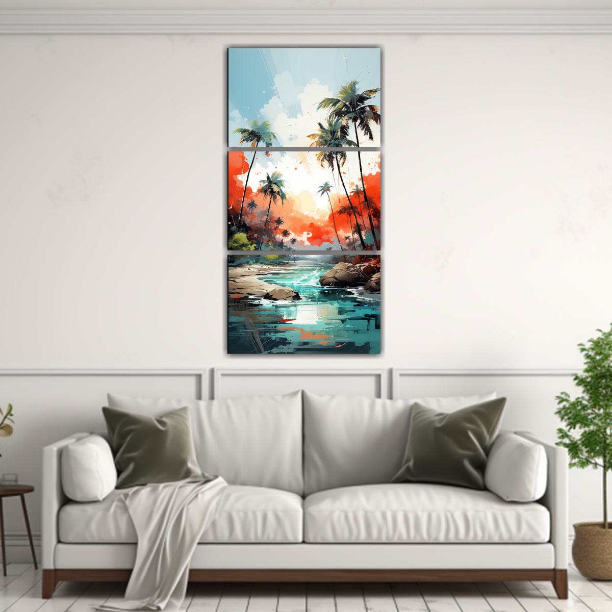 Conjunto 3 Cuadros Tela Canvas Relieve Palmera Rojo Y Turquesa ...