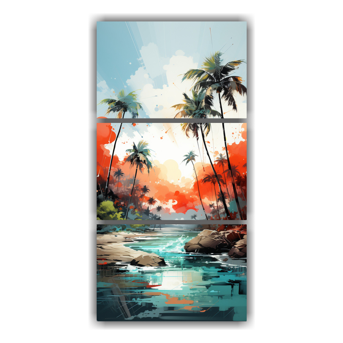 Conjunto 3 Cuadros Tela Canvas Relieve Palmera Rojo Y Turquesa ...