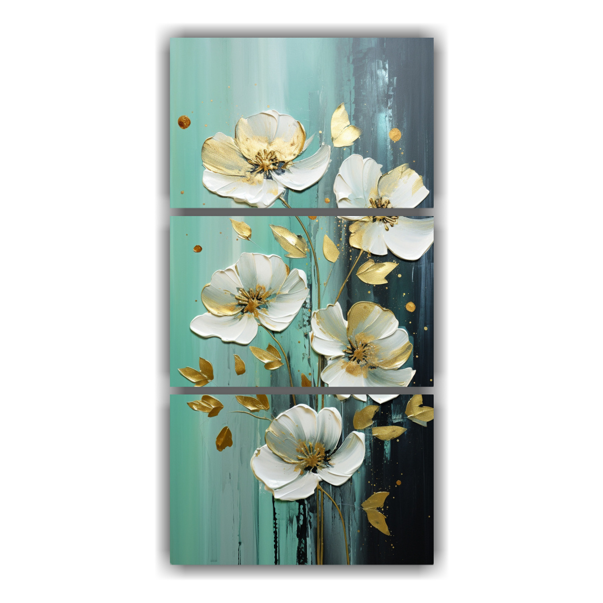 Conjunto De 3 Cuadros Vanguardia Calidez Verde Y Oro Con Flores En Lienzo - Decocuadros