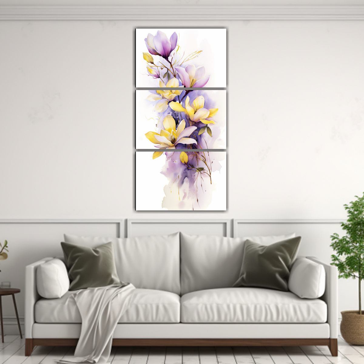 Cuadro Abstracto Magnolias Amarillo Y Morado - Set 3 Lienzos Decorativos - Decocuadros