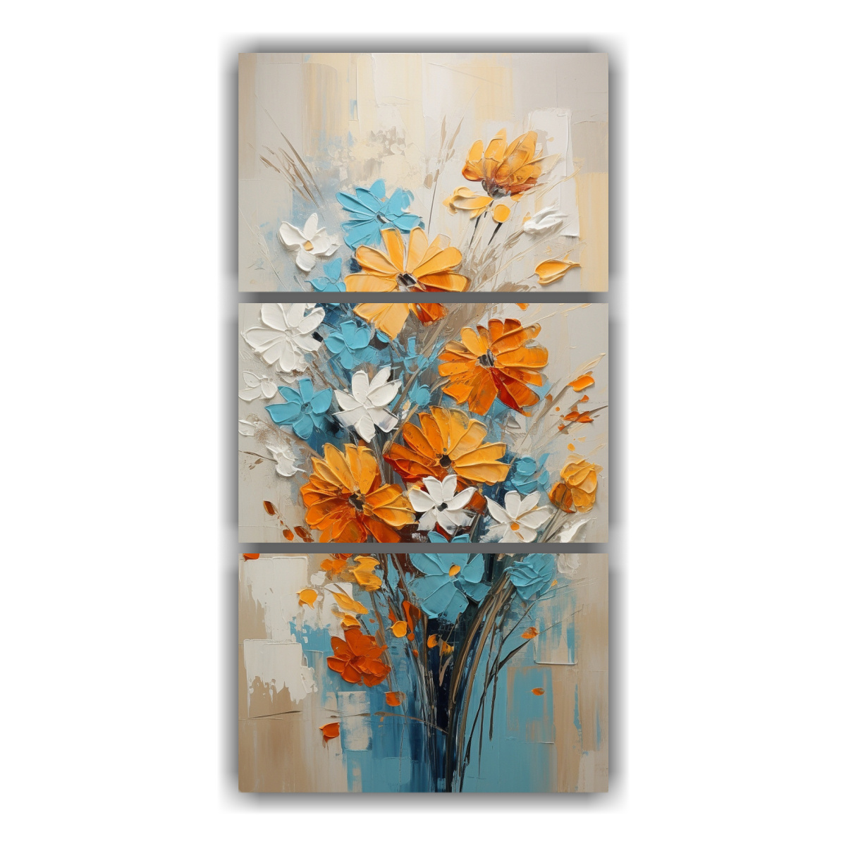 Cuadros Pared Venta: Arte Floral Naranja Y Azul En Lienzo Set De 3 - DecoCuadros