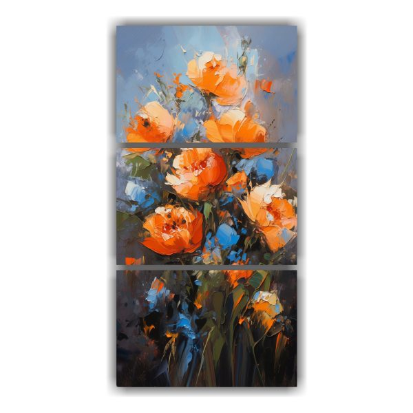 Fantasía Floral: Tríptico En Bastidor De Tres Telas En Naranja Y Azul - Cuadros Decorativos ...