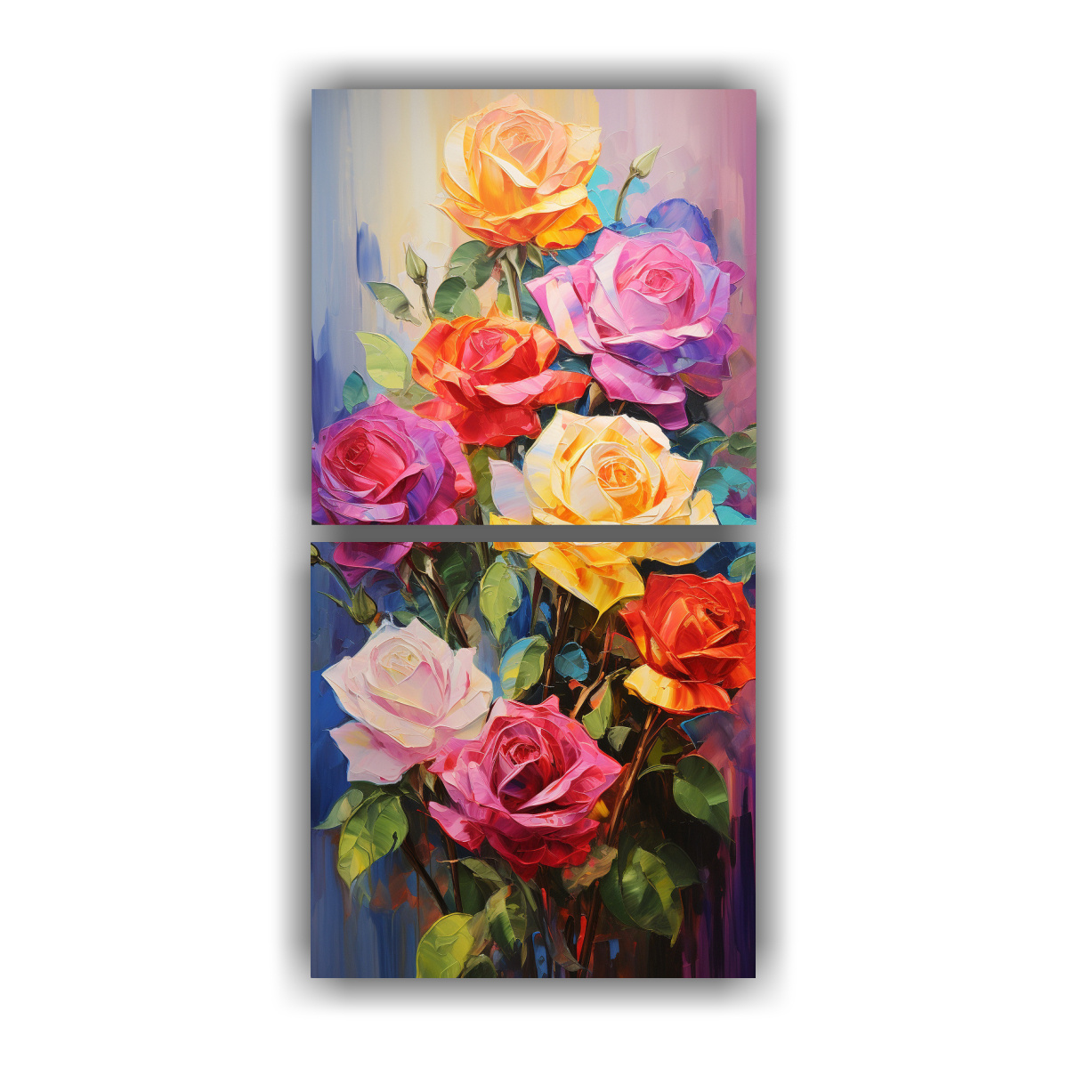 Cuadro Pintura De Rosas En Lienzo Set 2 Telas Colores Arcoíris - Decocuadros