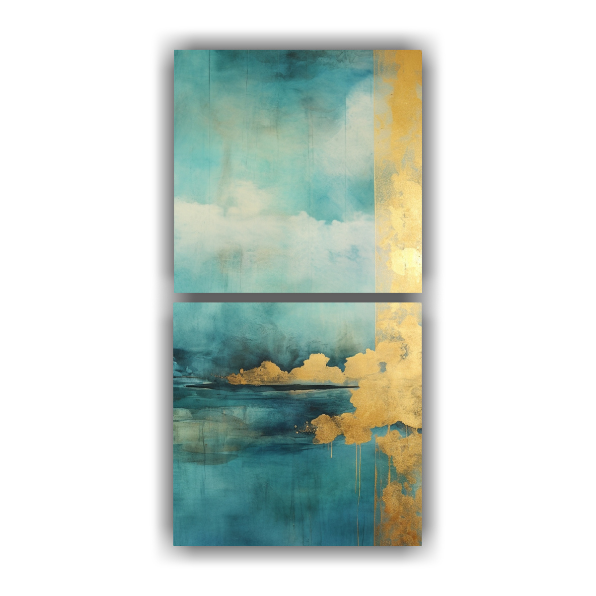 Cuadro Pintura Dos Cuadros Inspiración Contraste En Acuarela Turquesa, Azul Y Dorado - Decocuadros