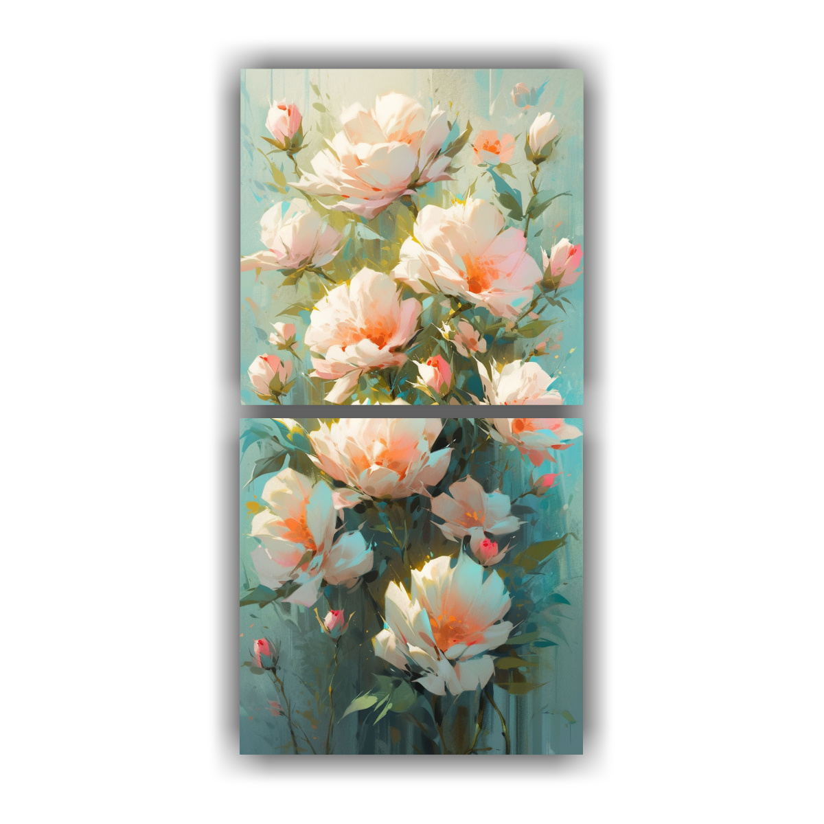 Cuadro De Dos Pantallas En Bastidor Vanguardia Fantasía Con Flores En Colores Turquesa Y Rosa ...