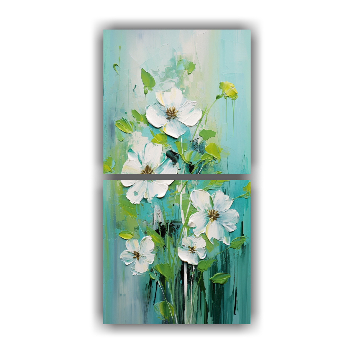 Cuadro De Flores En Verde Y Cian Para Decoración - Decocuadros