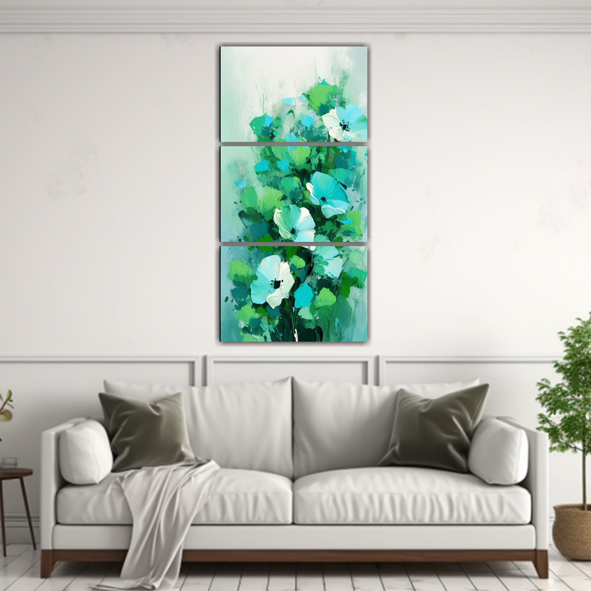 Cuadro De Flores En Verde Y Cian - Set De 3 Composiciones Temáticas - Decocuadros