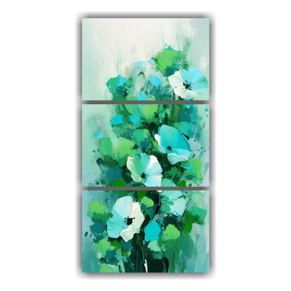 Cuadro De Flores En Verde Y Cian - Set De 3 Composiciones Temáticas - Decocuadros