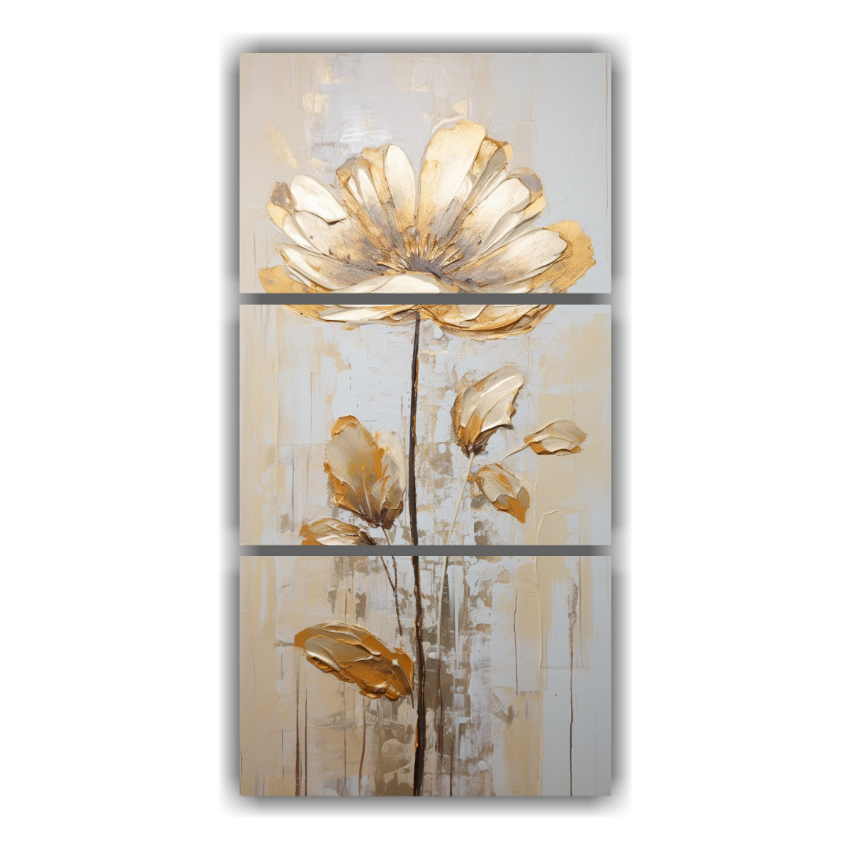 Cuadro Floral Dorado Minimalista En Tres Telas Bastidor - DecoCuadros