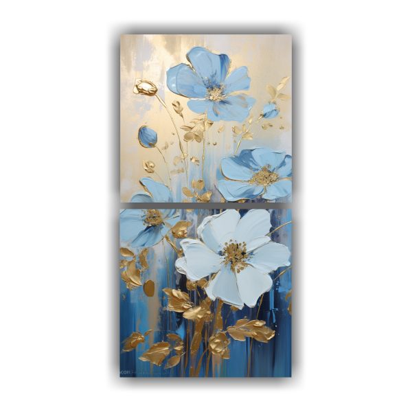 Cuadro Pintura Floral En Lienzo - Colores Dorado Y Azul - DecoCuadros