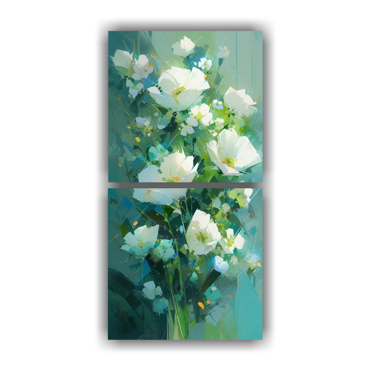 Pintura Lienzo Abstracción Única Flores En Tonos Verde Y Azul Verde En El Decorativo Díptico ...