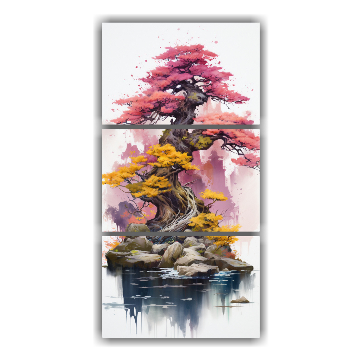 Venta Set 3 Cuadros Abstractos De Árboles Bonsái En Amarillo Y Rosa - Decocuadros