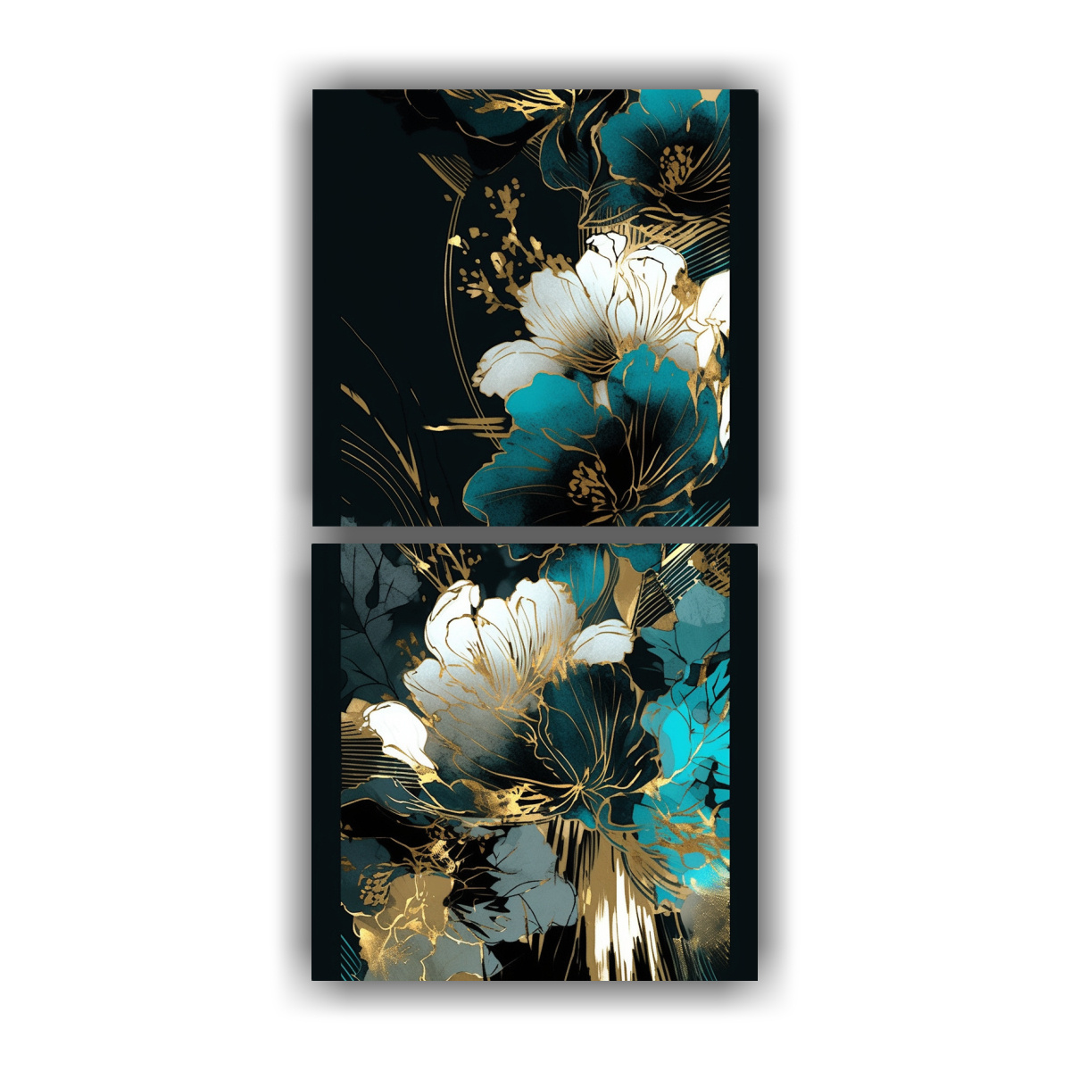 Pinturas Decorativas En Tonos Turquesa Y Dorado Con Ambiente Neonoir - Decocuadros