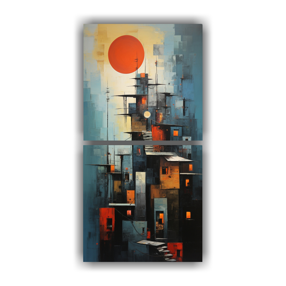 Set 2 Cuadro Acuarela Esquema De Transición De Tierras De Cultivo A Ciudad En Acrílico ...