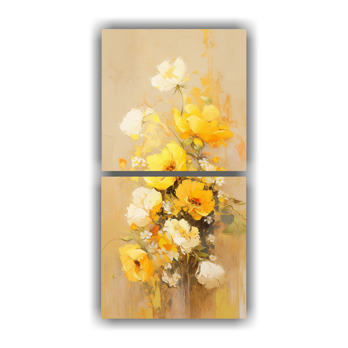 Set 2 Lienzos Flores Amarillo Y Dorado - Arte Abstracto Multicolor - Decocuadros