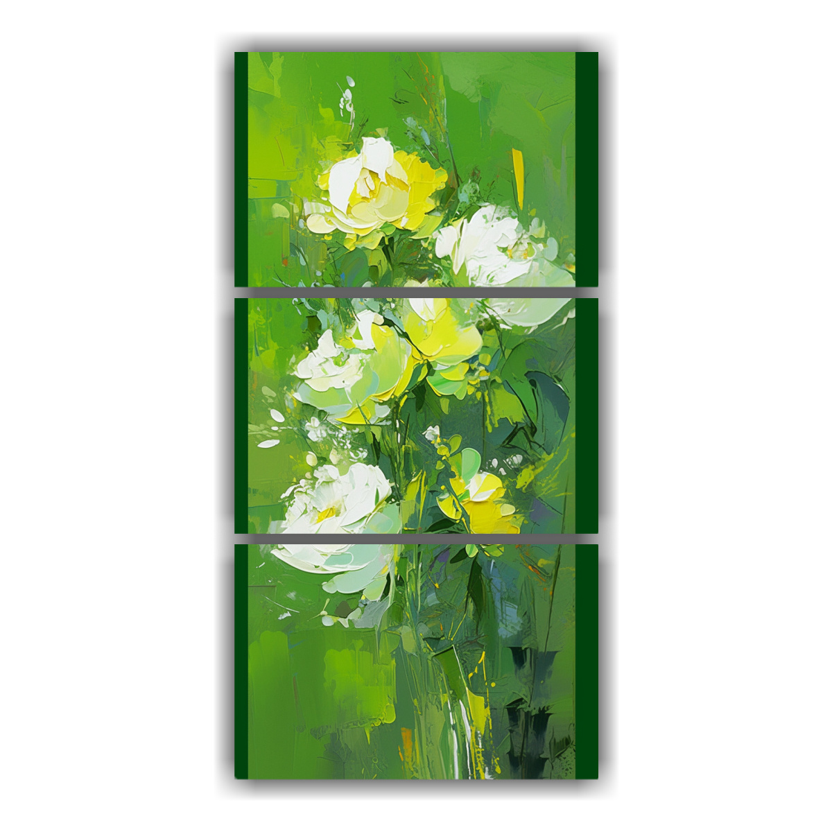 Tríptico De Flores Verdes Simétricas En Lienzo - DecoCuadros