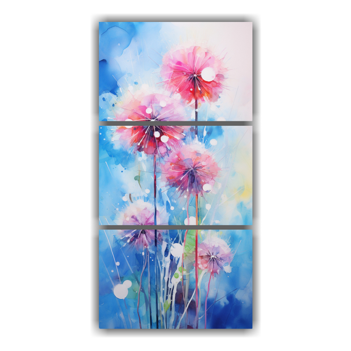 Tríptico Floral Diente De León Rosa Y Azul - Cuadros Decorativos - Decocuadros