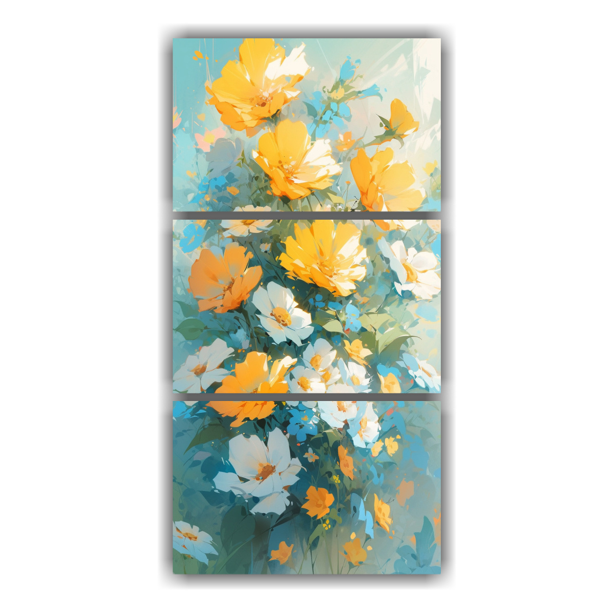 Tríptico Flores Amarillas Y Cian En Lienzo Para Decoración Con Detalles Intrincados - DecoCuadros