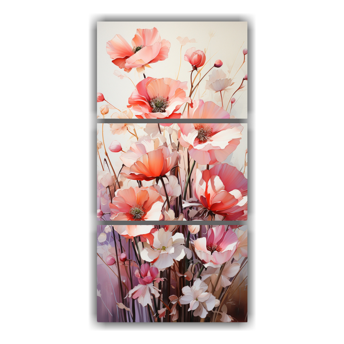 Tríptico Pintura Abstracta Flores Amapolas Blanco Y Rosa - Cuadros Decorativos - Decocuadros