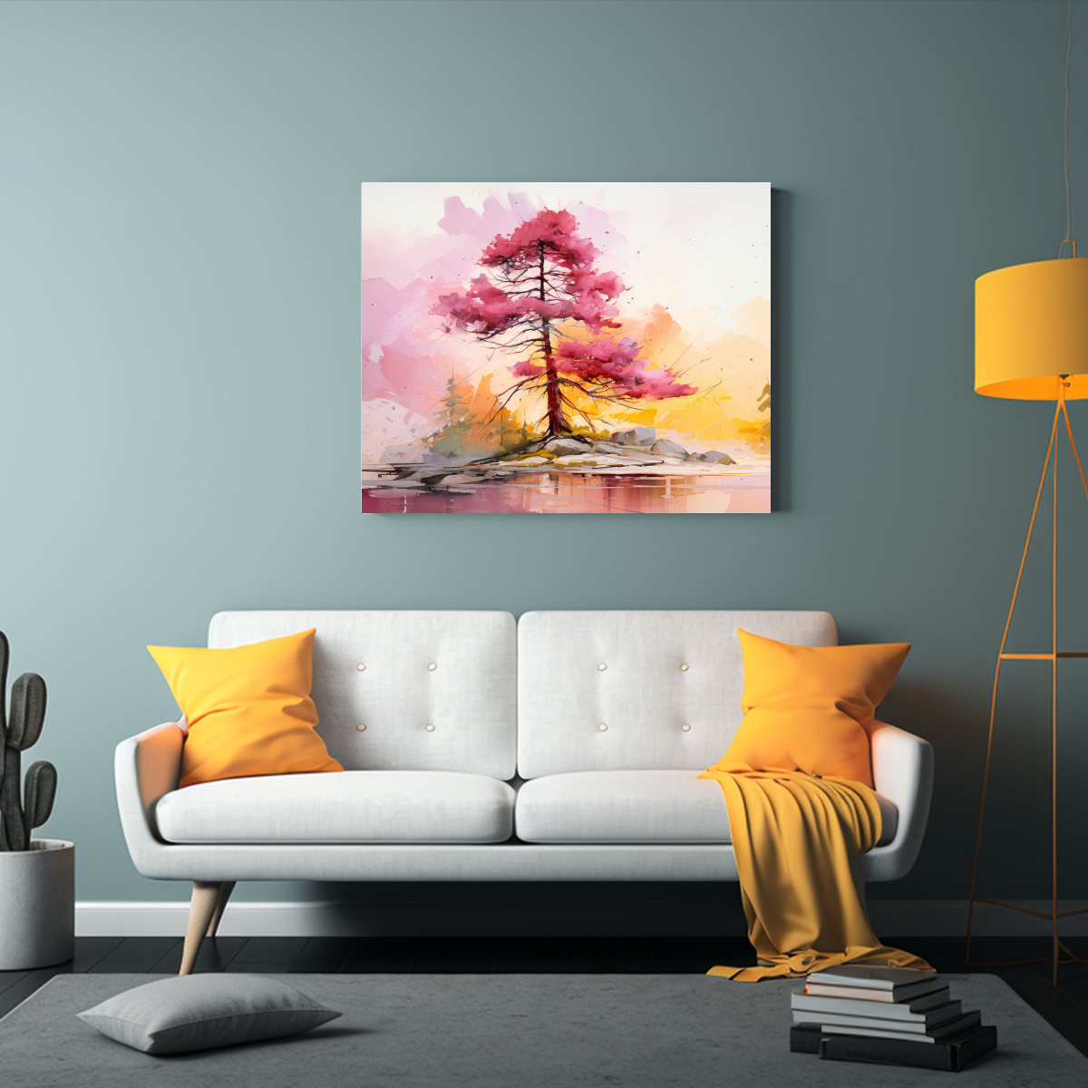 Cuadro Decorativo Árbol Pino Amarillo Y Rosa - Composición Impresa - Decocuadros