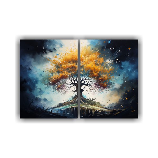 Cuadro Abstracto De Dos Lienzos Con Esquema De Colores Dorado Y Azul De ...