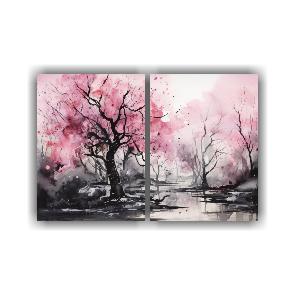 Cuadro Abstracto Moderno Árboles Frutales Negros Y Rosas - DecoCuadros