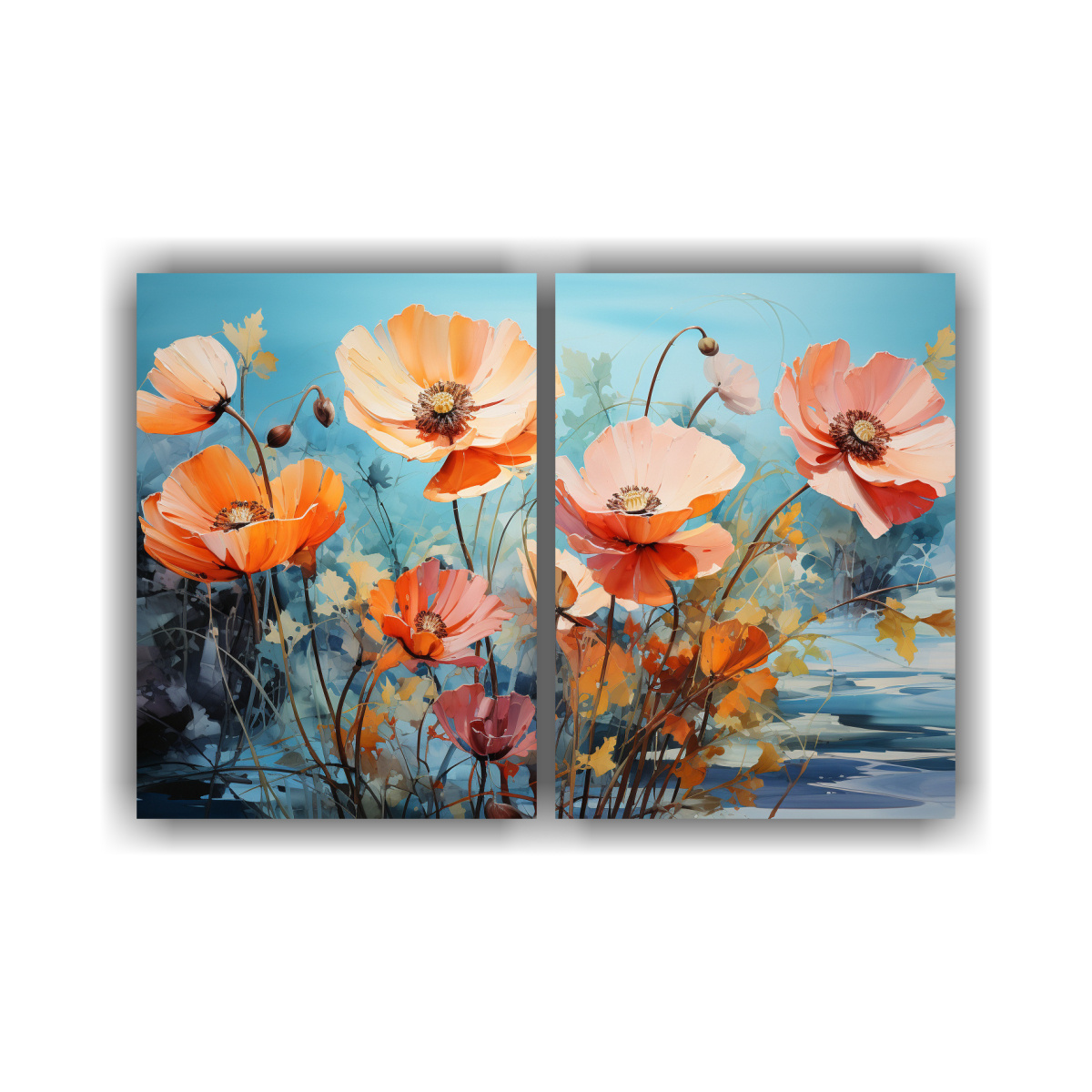 Cuadro Alegre De Amapolas Naranjas Y Azules - Set 2 Canvas - Decocuadros