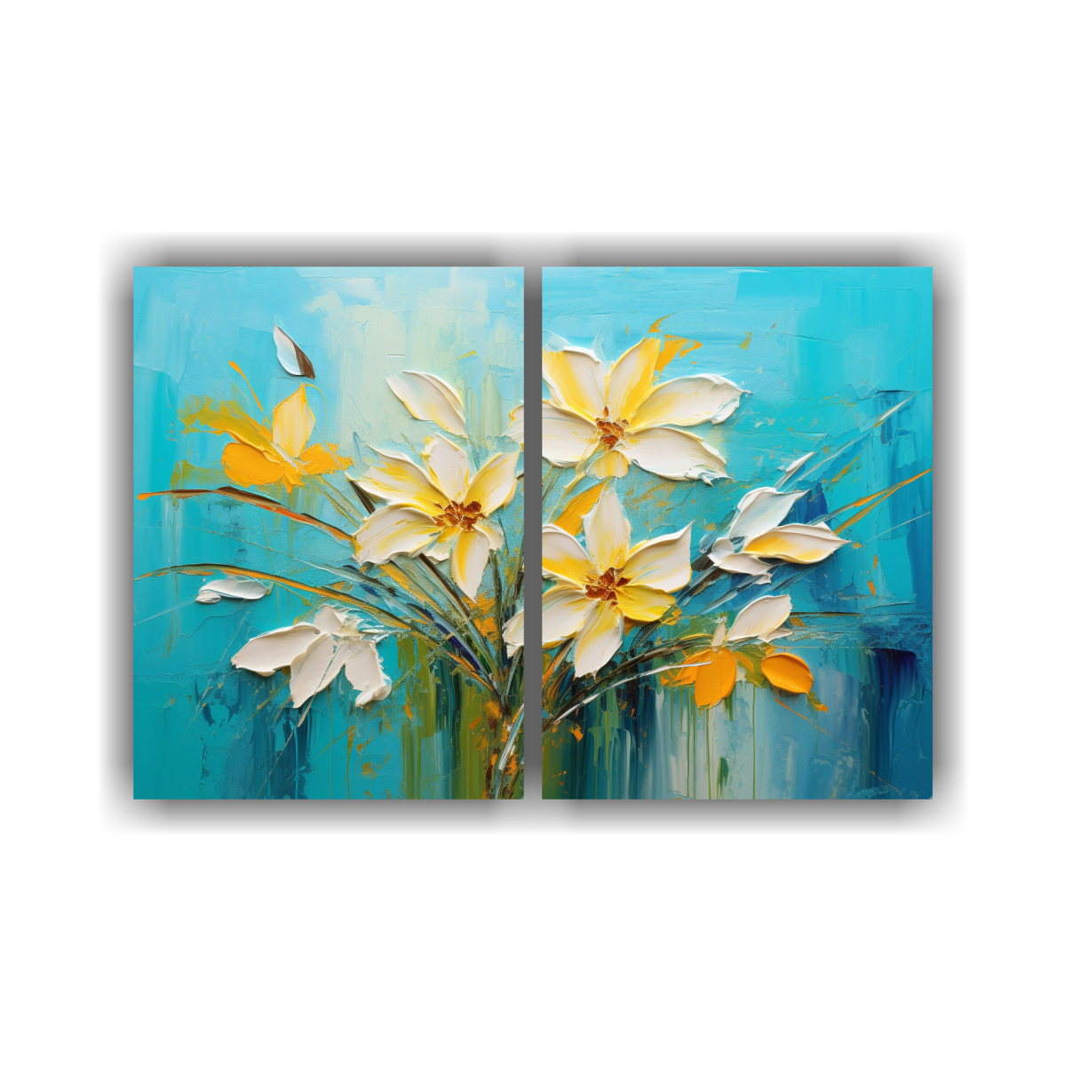 Cuadro Amarillo Y Cian Con Flores En Lienzo - DecoCuadros