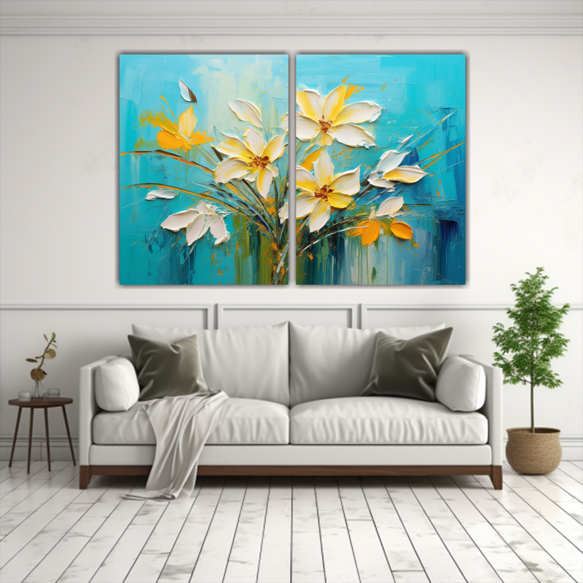 Cuadro Amarillo Y Cian Con Flores En Lienzo - DecoCuadros