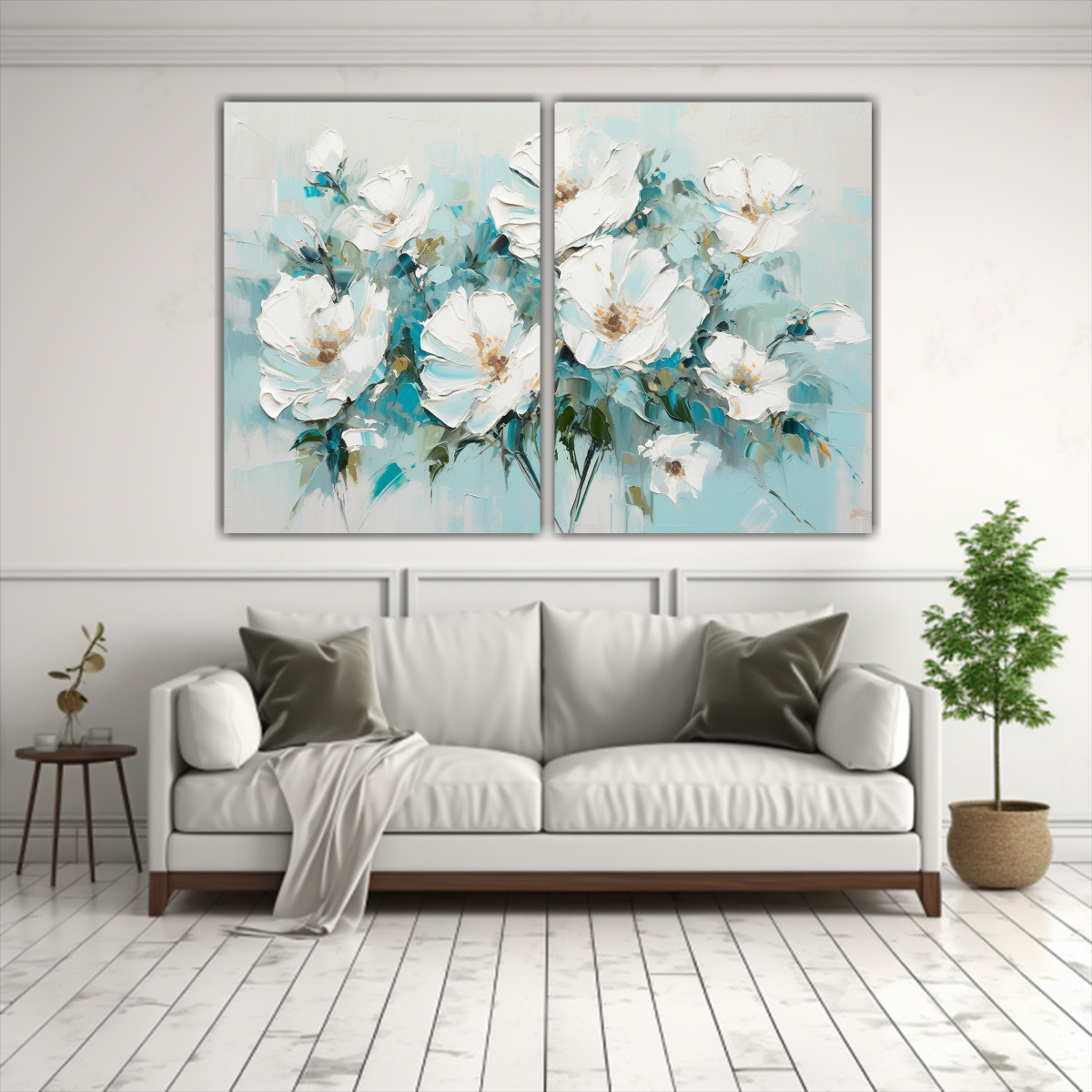 Cuadro De Flores Blancas Y Turquesas En Lienzo - DecoCuadros