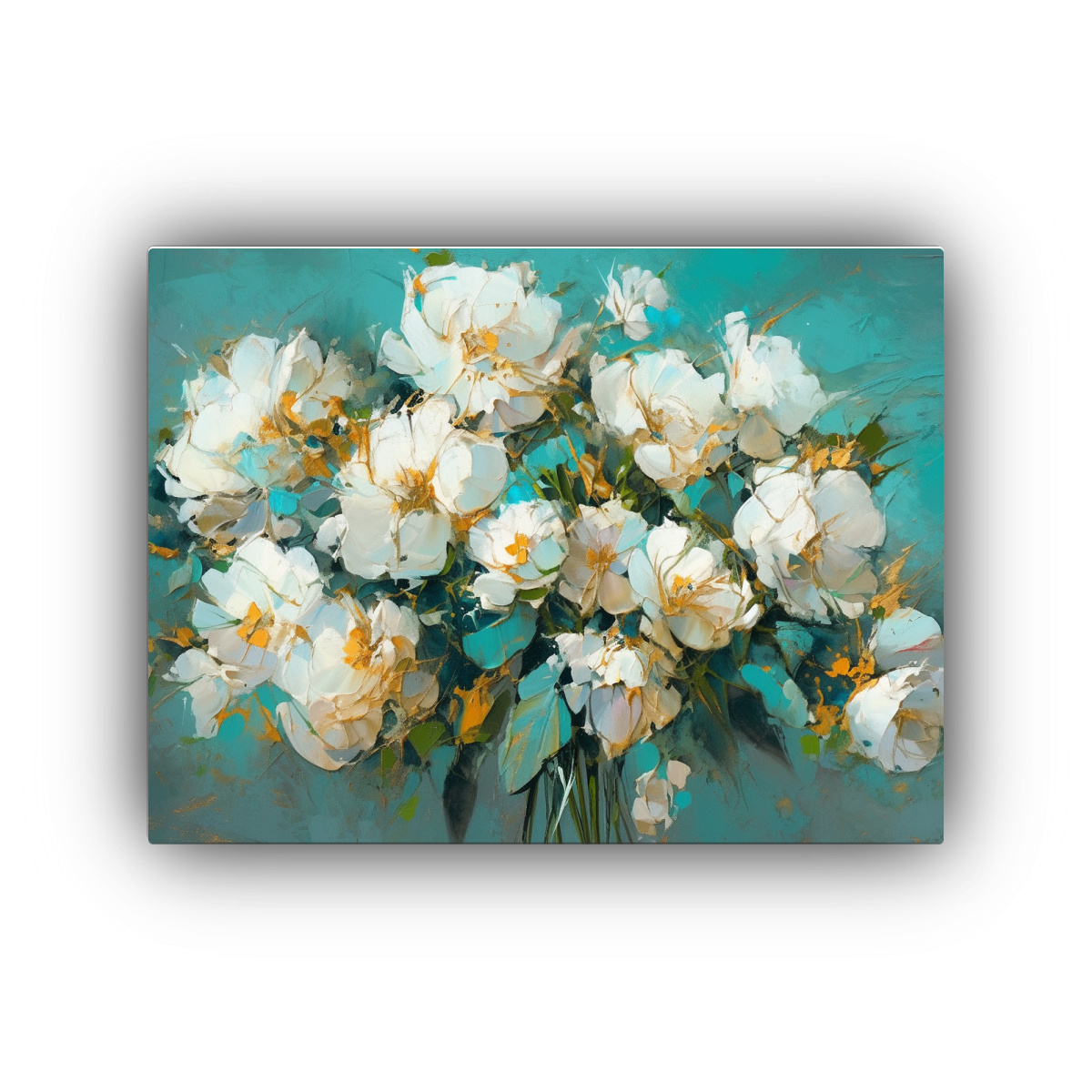 Cuadro De Flores En Colores Turquesa Y Dorado Para Decoración - Decocuadros