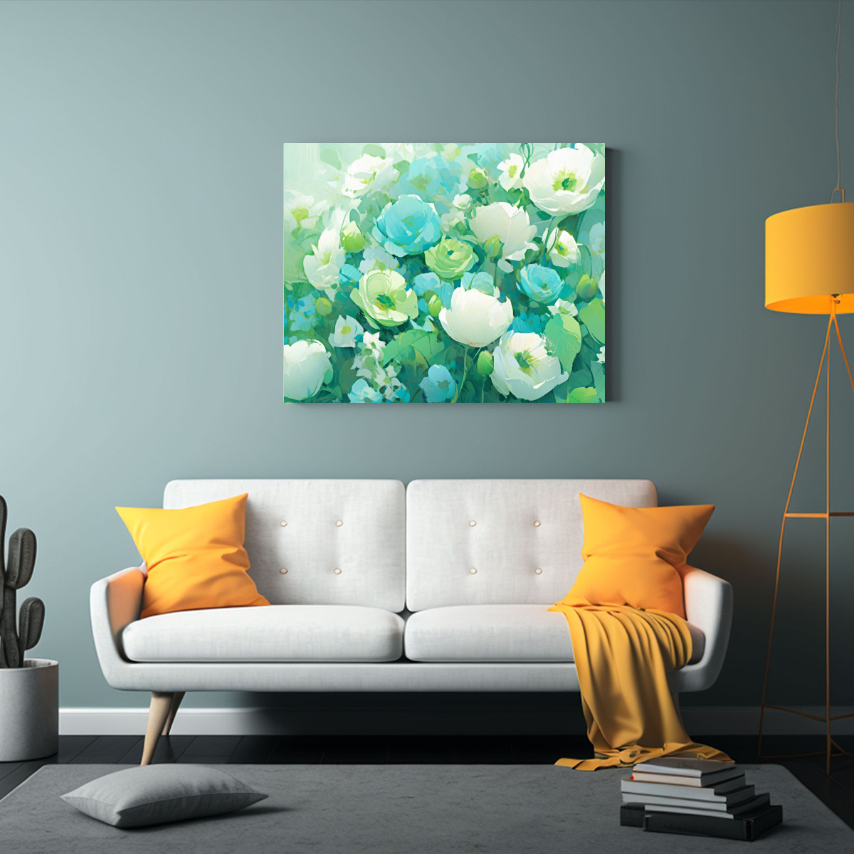 Cuadro De Flores Verde Y Cian En Tela Con Bastidor: Impactante Líneas Finas - Decocuadros