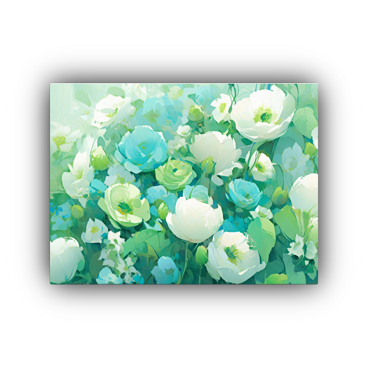 Cuadro De Flores Verde Y Cian En Tela Con Bastidor: Impactante Líneas Finas - Decocuadros