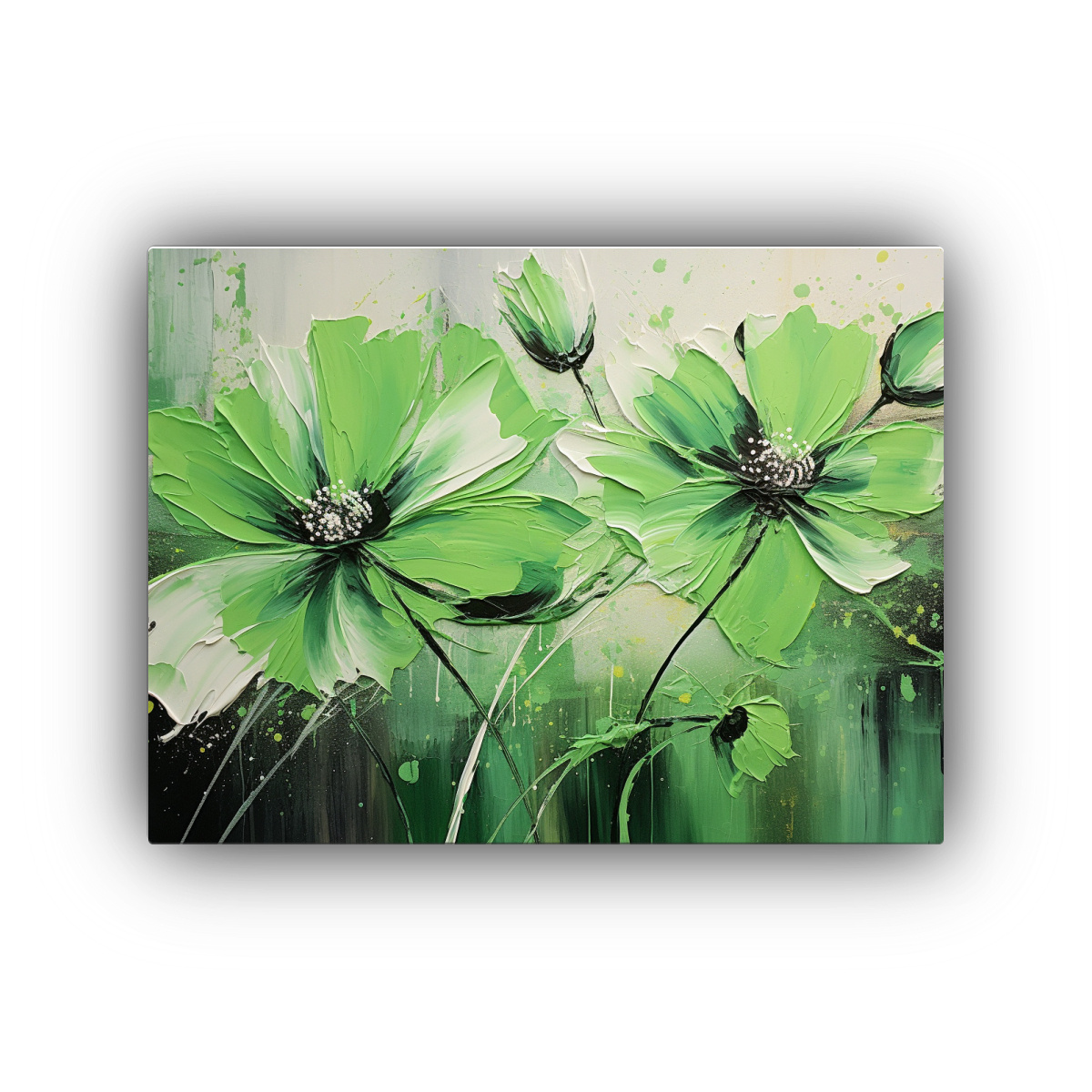 Cuadro Decorativo Salon Flores Verde Y Negro En Lienzo - DecoCuadros