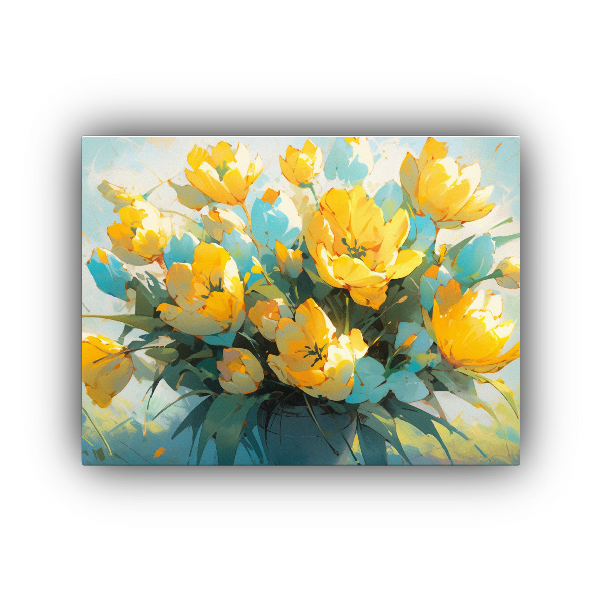 Cuadro En Lienzo De Flores Amarillas Y Turquesas Con Composición Inspiradora - Decocuadros