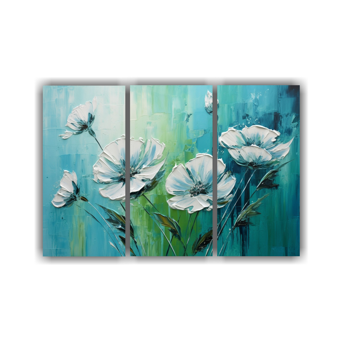 Cuadro Lienzos Tela Flores Verde Y Cian, Tonos Fantasía - DecoCuadros