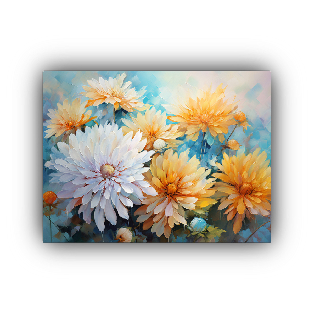 Cuadro Moderno Flores Crisantemos Turquesa Y Dorado Abstracto - DecoCuadros