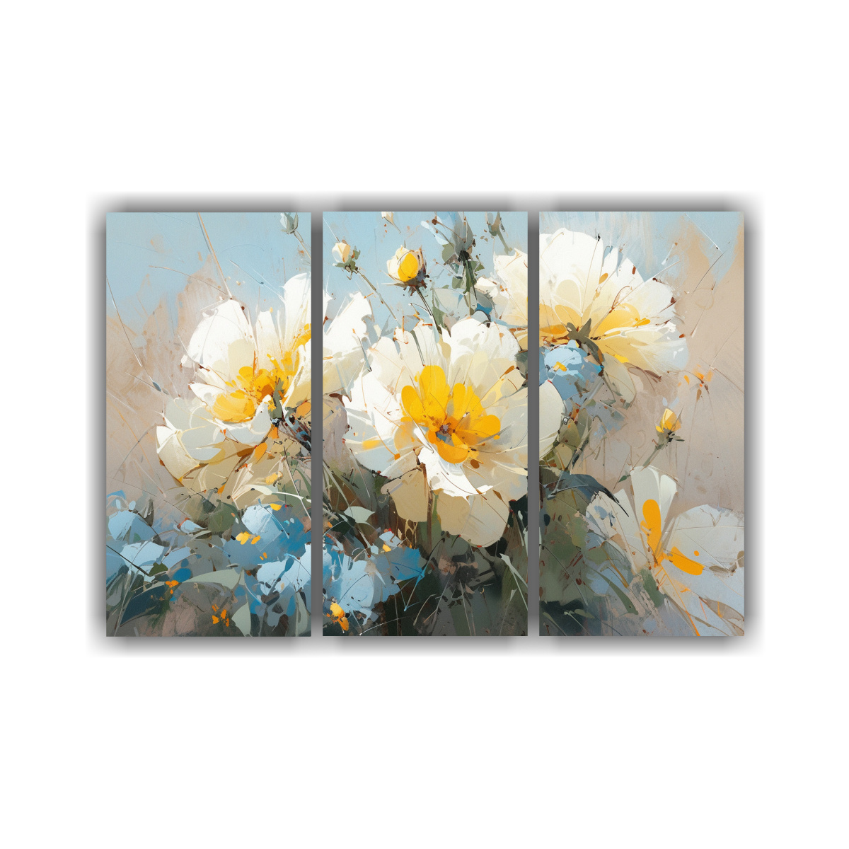 Cuadro Moderno Vida Amarillo Y Cian Flores Sobre Lienzo - DecoCuadros