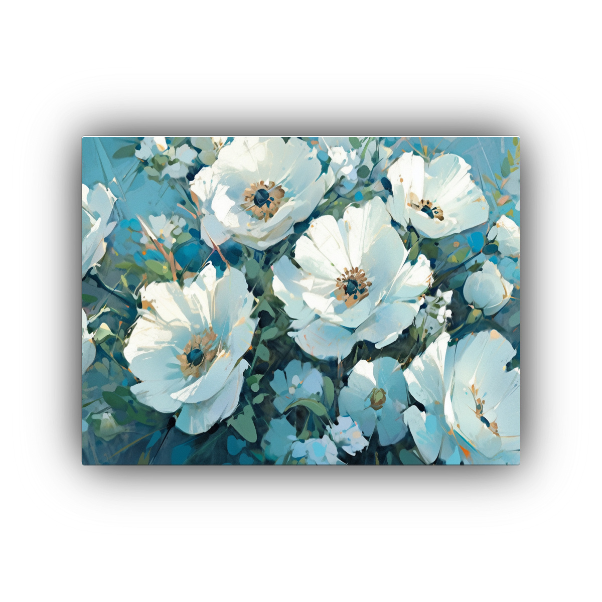 Cuadro Moderno Visual De Flores Blancas Y Turquesa En Lienzo - DecoCuadros