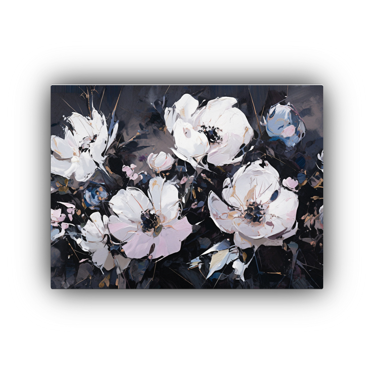 Cuadro Negro Intenso Con Flores En Lienzo Estilo Decorativo - Decocuadros