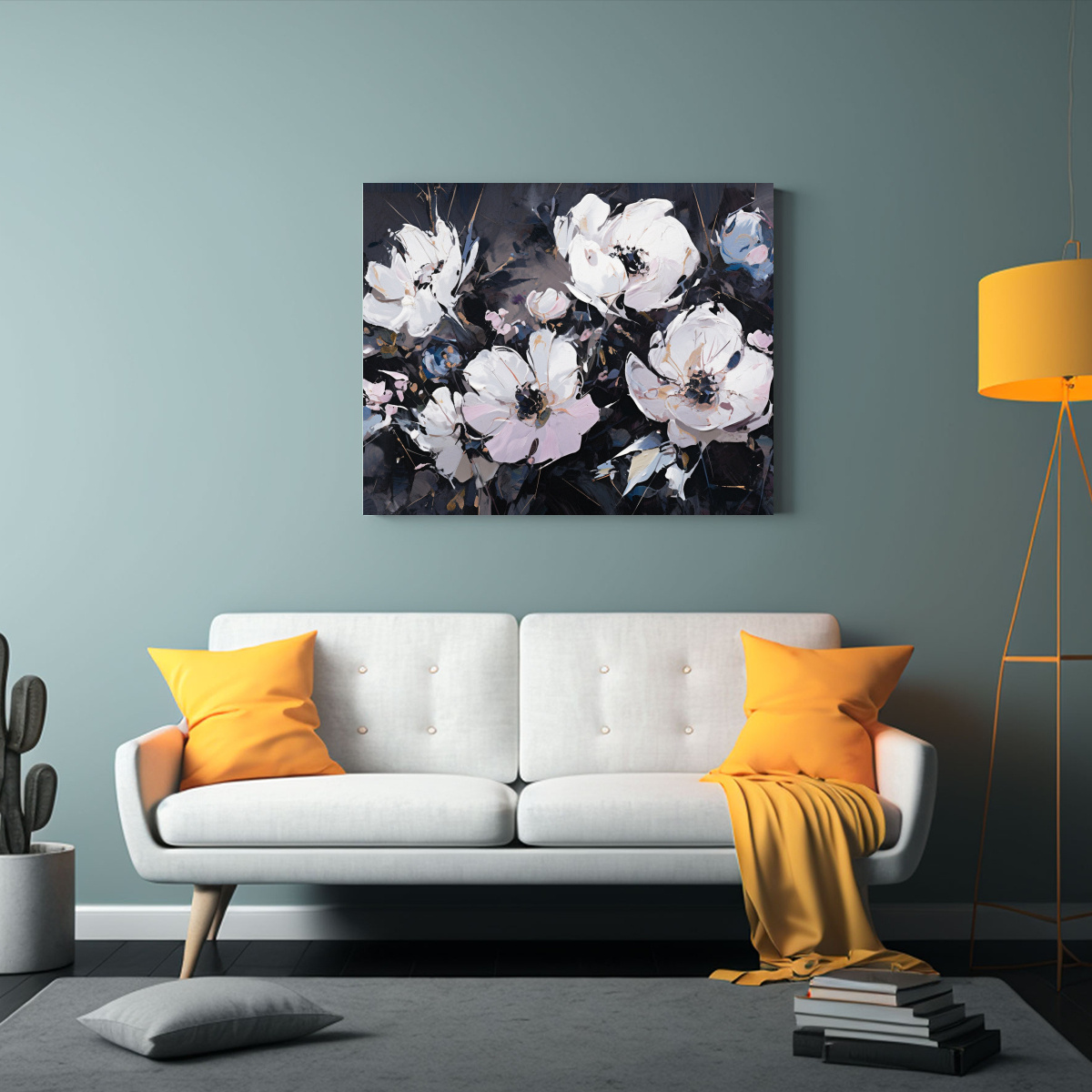 Cuadro Negro Intenso Con Flores En Lienzo Estilo Decorativo - Decocuadros