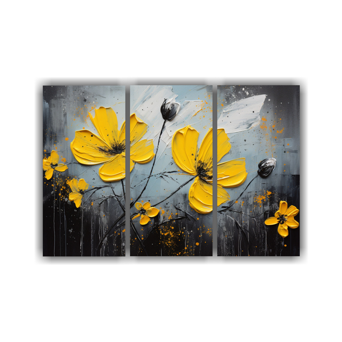 Cuadro Tríptico Tela Estilo Galería Comedor Amarillo Y Negro Flores - DecoCuadros