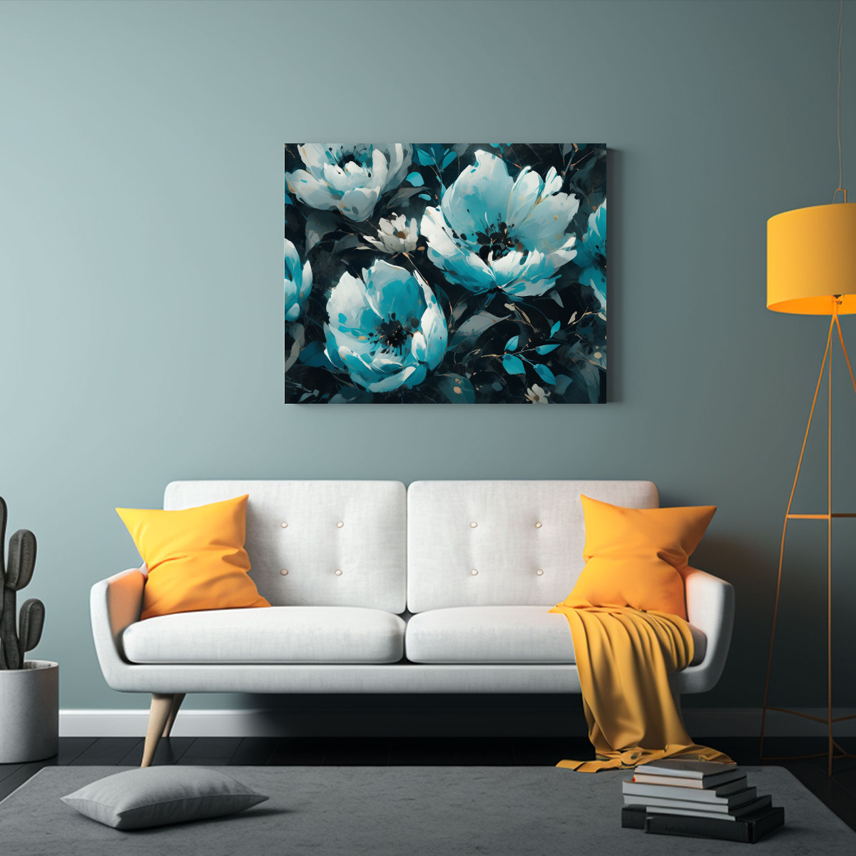 Cuadro Vanguardia Interiores Flores Turquesa Y Negras En Lienzo - Compra Online - Decocuadros