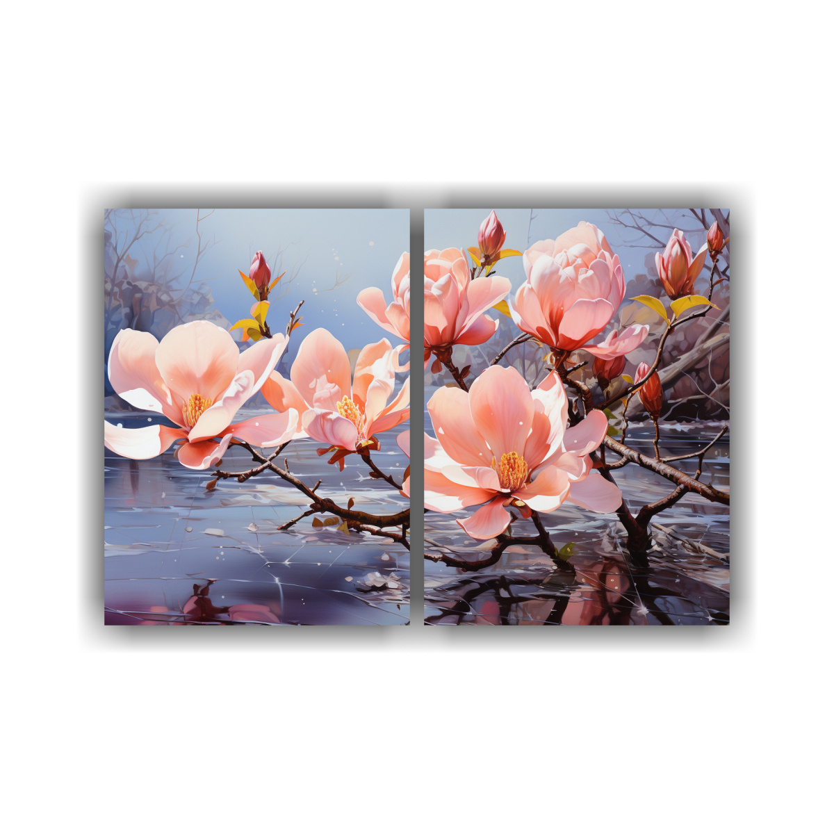 Cuadro De Lienzo Con Imagen De Magnolias En Colores Naranja Y Rosa - Decocuadros