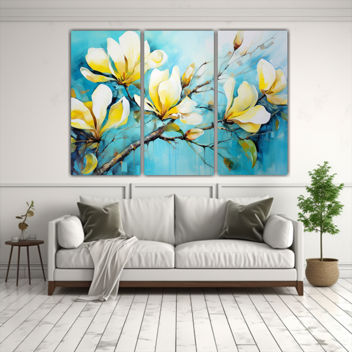 Cuadros Decorativos Abstractos De Magnolias En Colores Amarillo Y Turquesa - Decocuadros