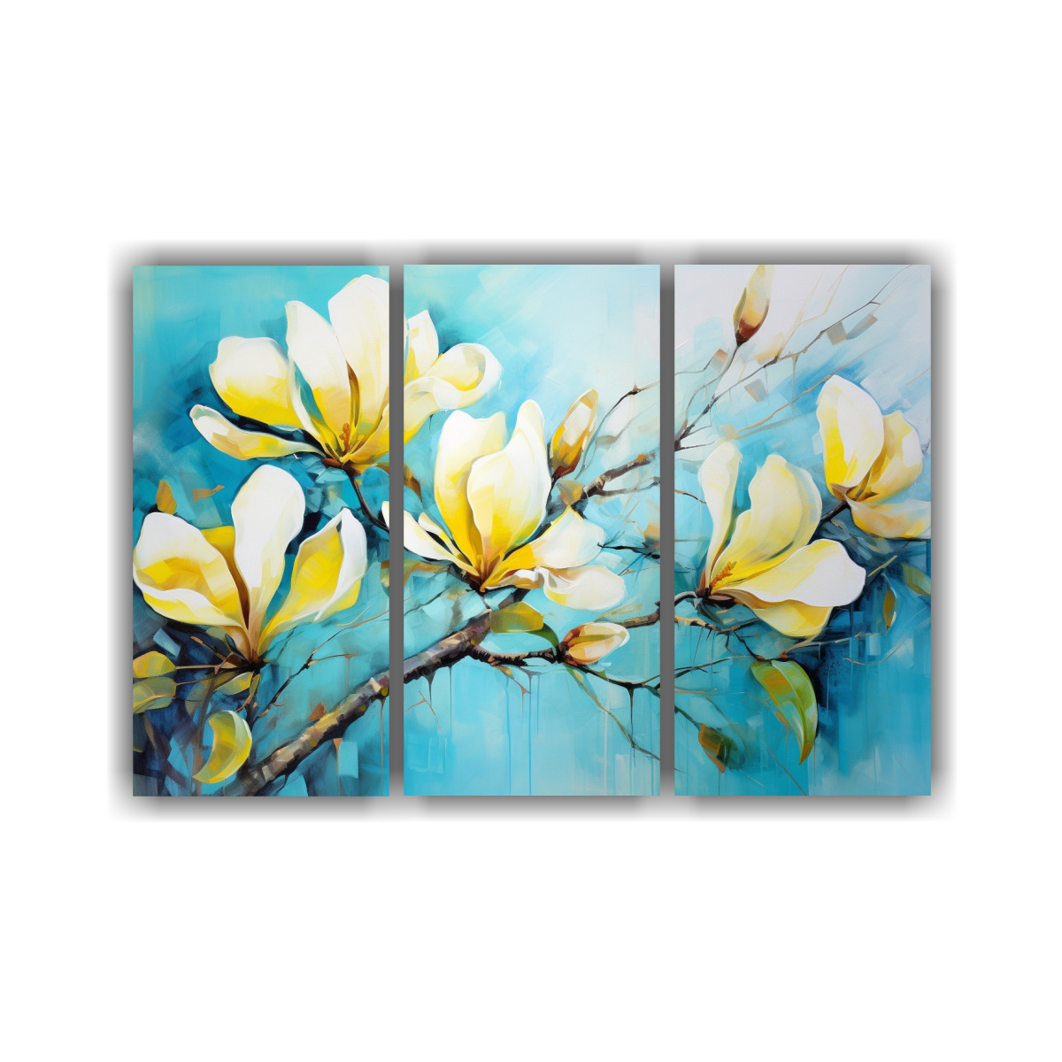 Cuadros Decorativos Abstractos De Magnolias En Colores Amarillo Y Turquesa - Decocuadros