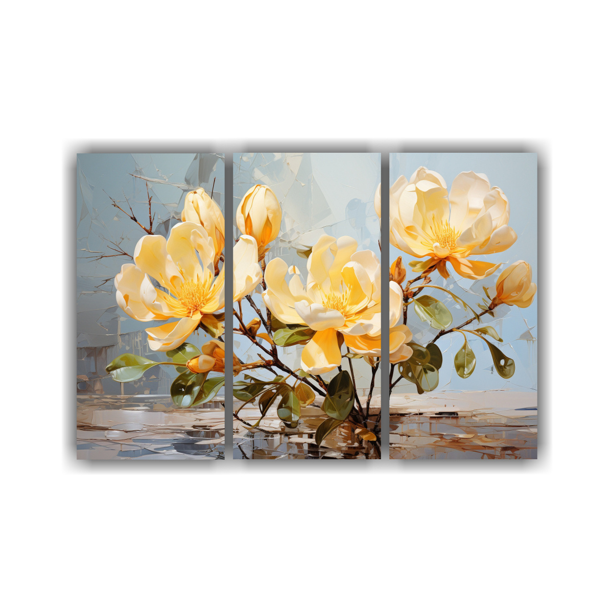 Cuadros Impresos De Magnolias Amarillas Abstractas - Set 3 Cuadros Luminosos - Decocuadros