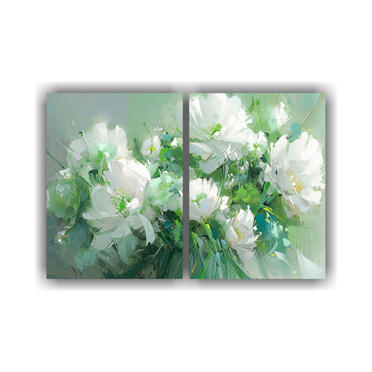 Cuadro Díptico Flores En Verde Y Plata - Arte Decorativo - Decocuadros