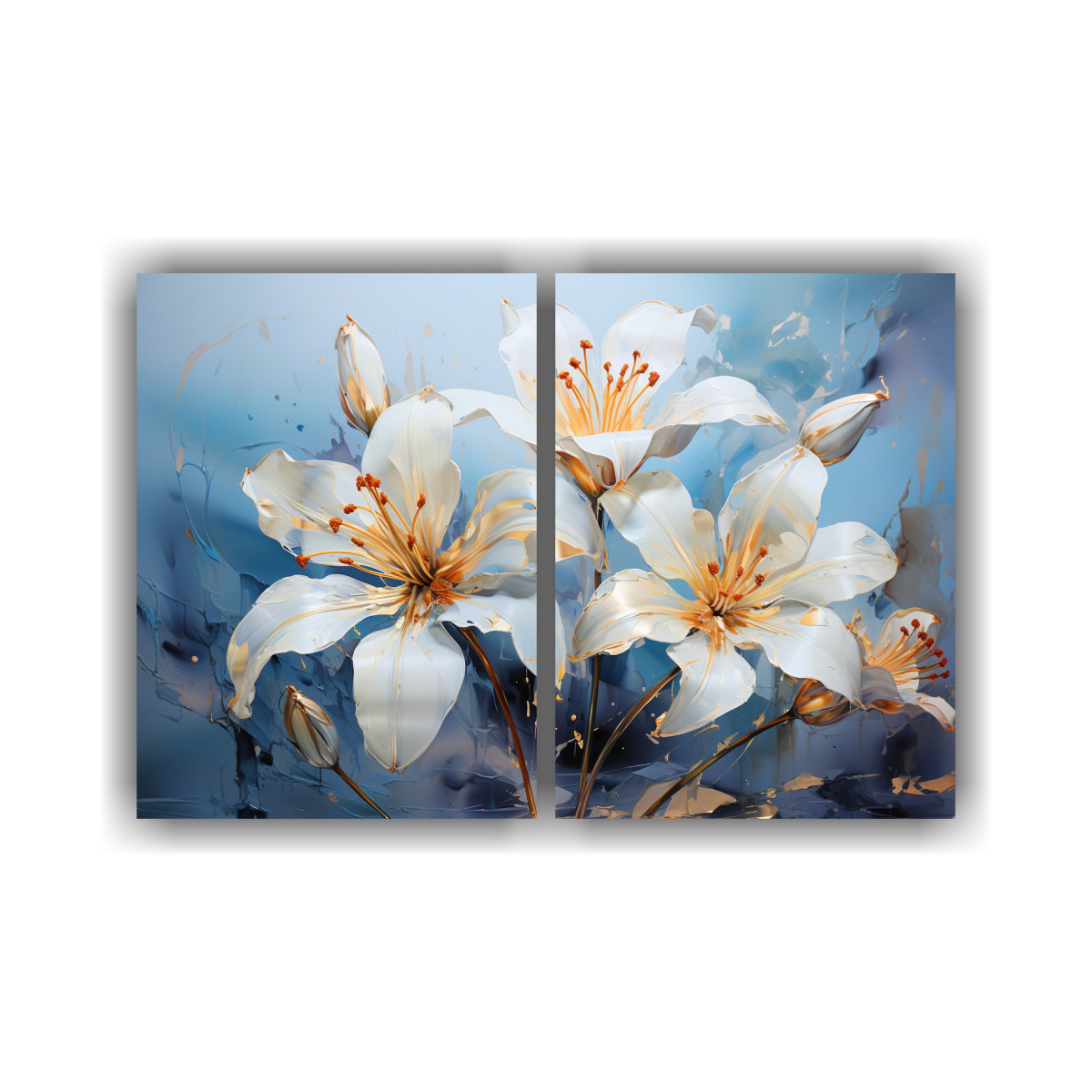 Díptico Dibujo Baño Con Flores De Lirios En Colores Dorado Y Azul - Cuadros Decorativos ...